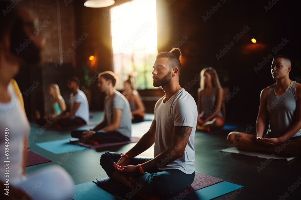 Group meditation in yoga studio, breath exercise, men and women ...