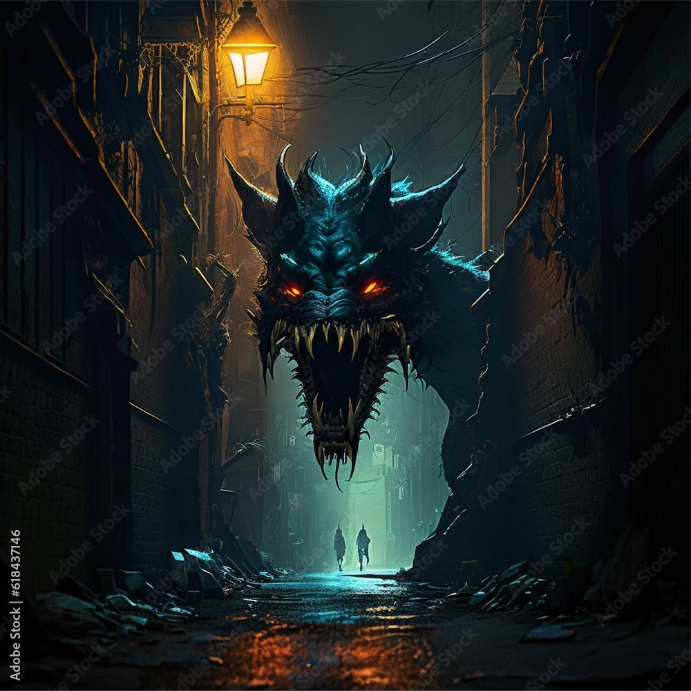 A menacing creature's face illuminated by a light source in a narrow ...