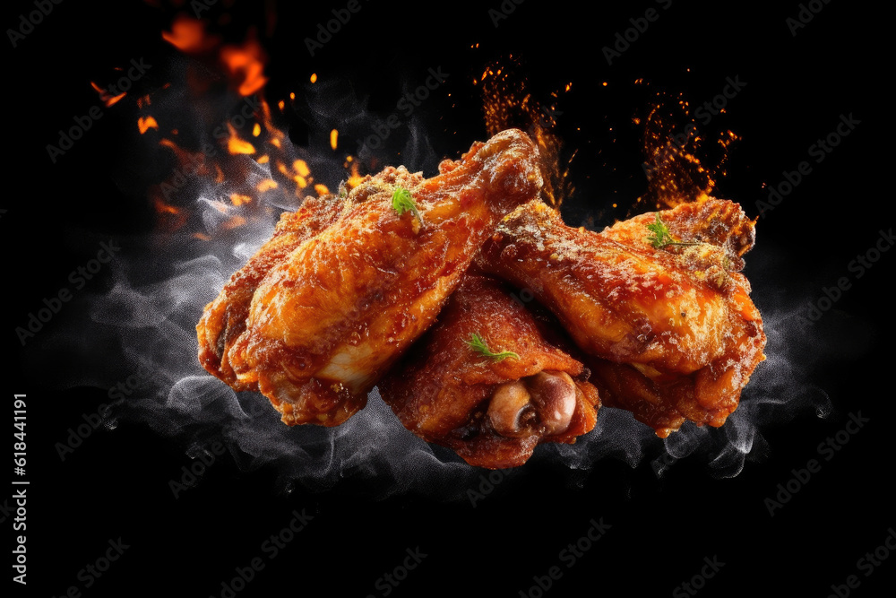 Fried chicken wings hot and spicy falling with fire and smoke on black ...