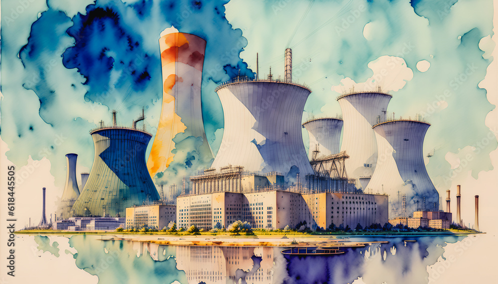 Nuclear power plant painting. Watercolor style. Generative AI. Stock ...
