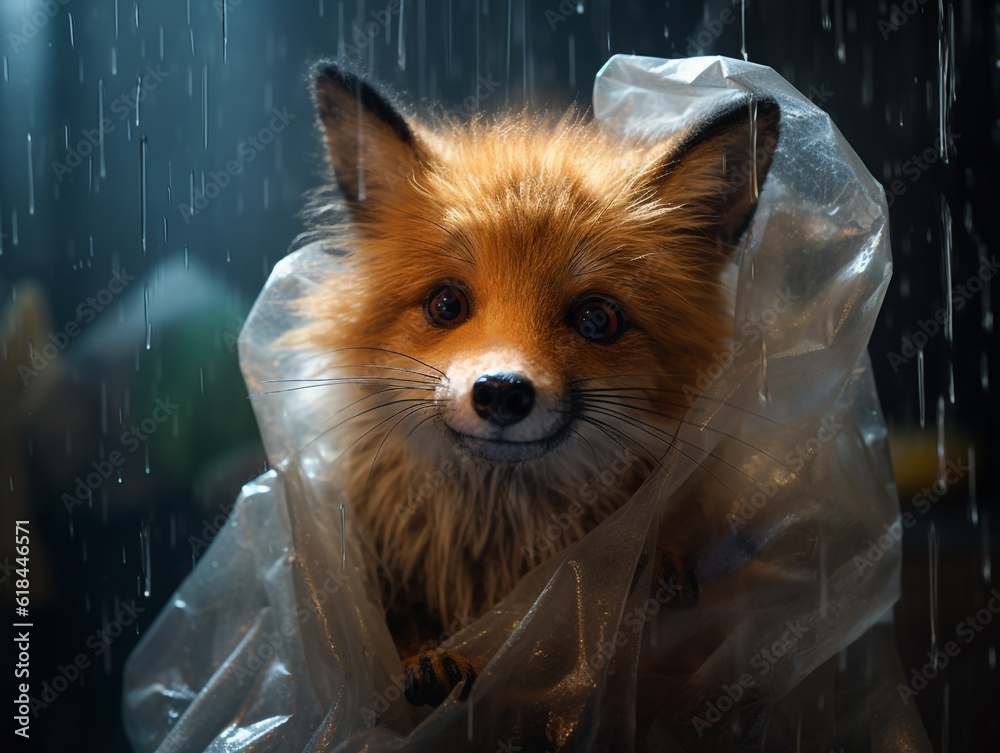 Renard roux cartoon triste à cause de la pollution des sacs plastiques ...