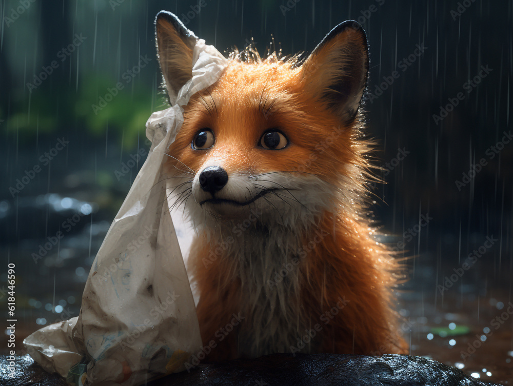 Renard roux cartoon triste à cause de la pollution des sacs plastiques ...