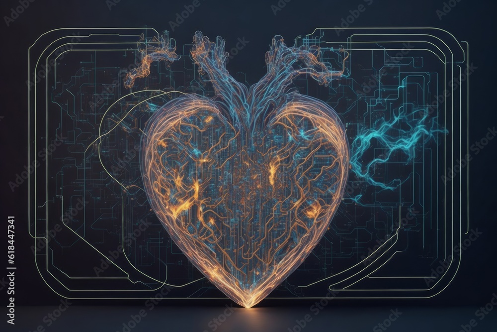 3d rendering of digital heart with electrical circuit. Human heart ...