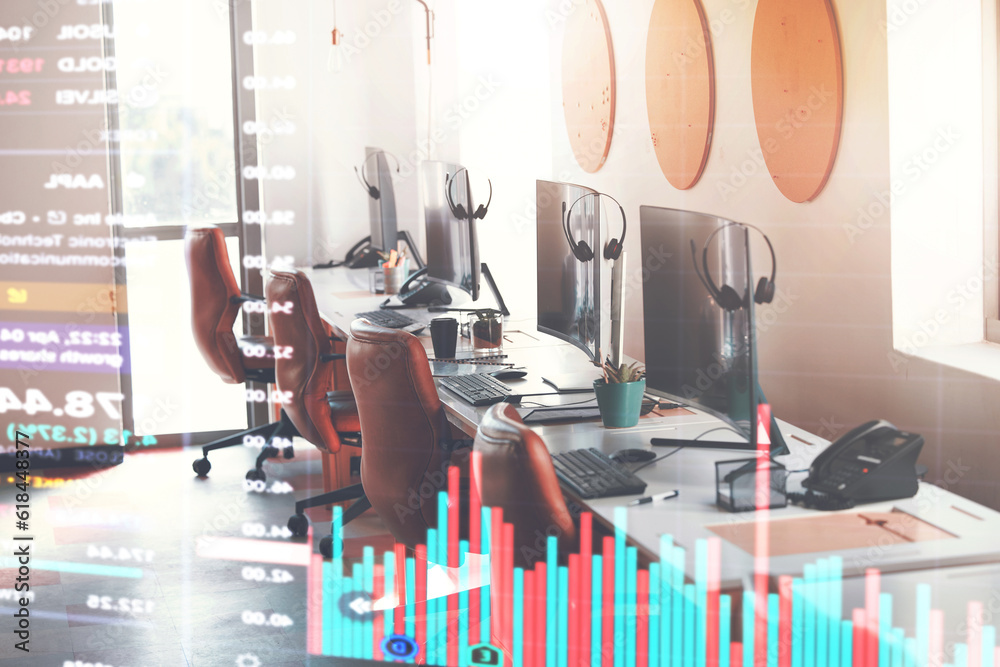 Overlay, call center and empty workplace desk for service, consulting ...