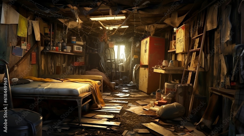 AI generated of dark messy room with bed Stock Illustration | Adobe Stock