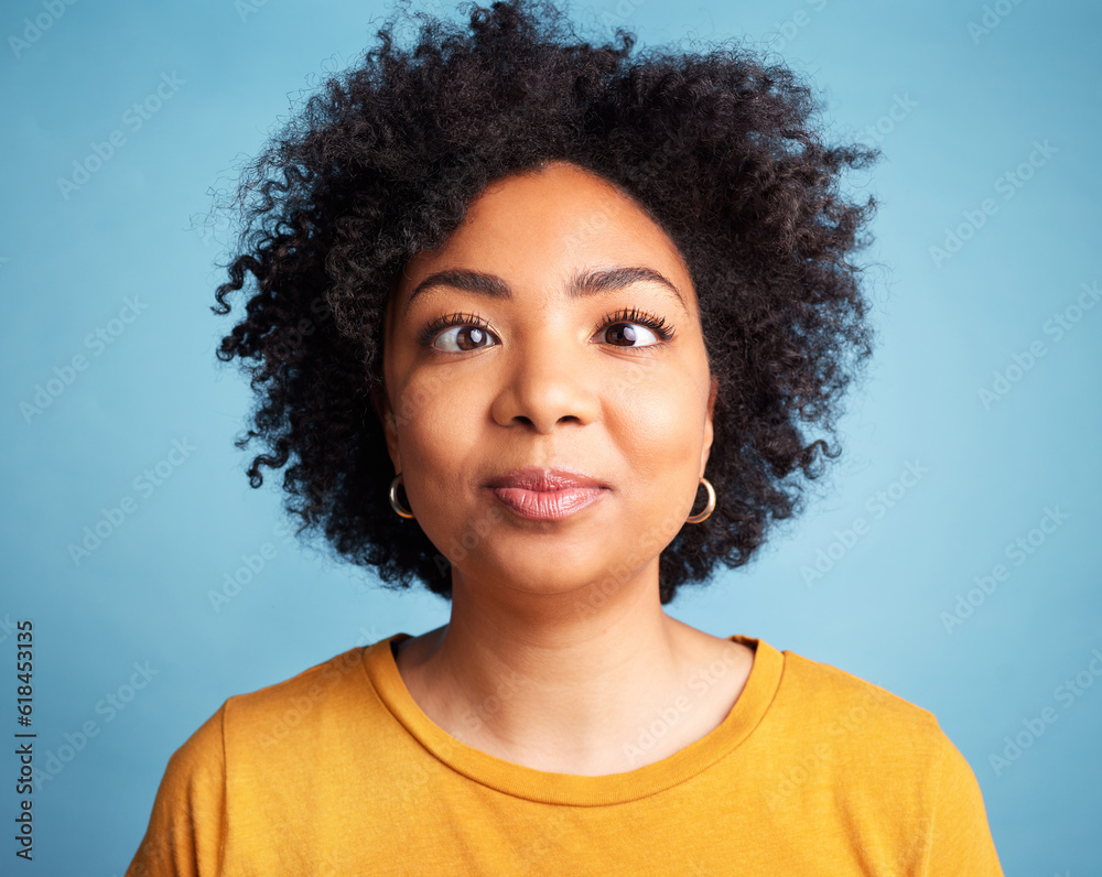 Funny, comic and a portrait of a woman on a blue background for emoji ...