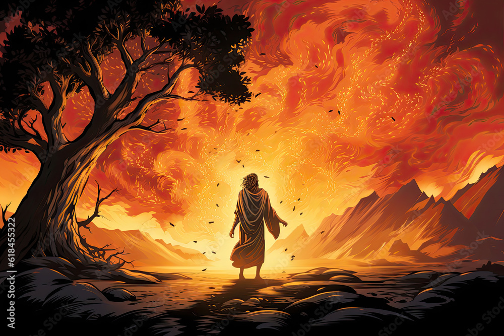Poster Moses and the burning bush Bible religious illustration ...