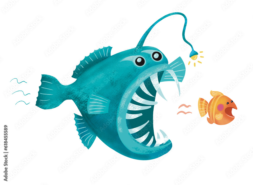 Funny scary fish devil chases cute little fish. Underwater animals. Sea ...