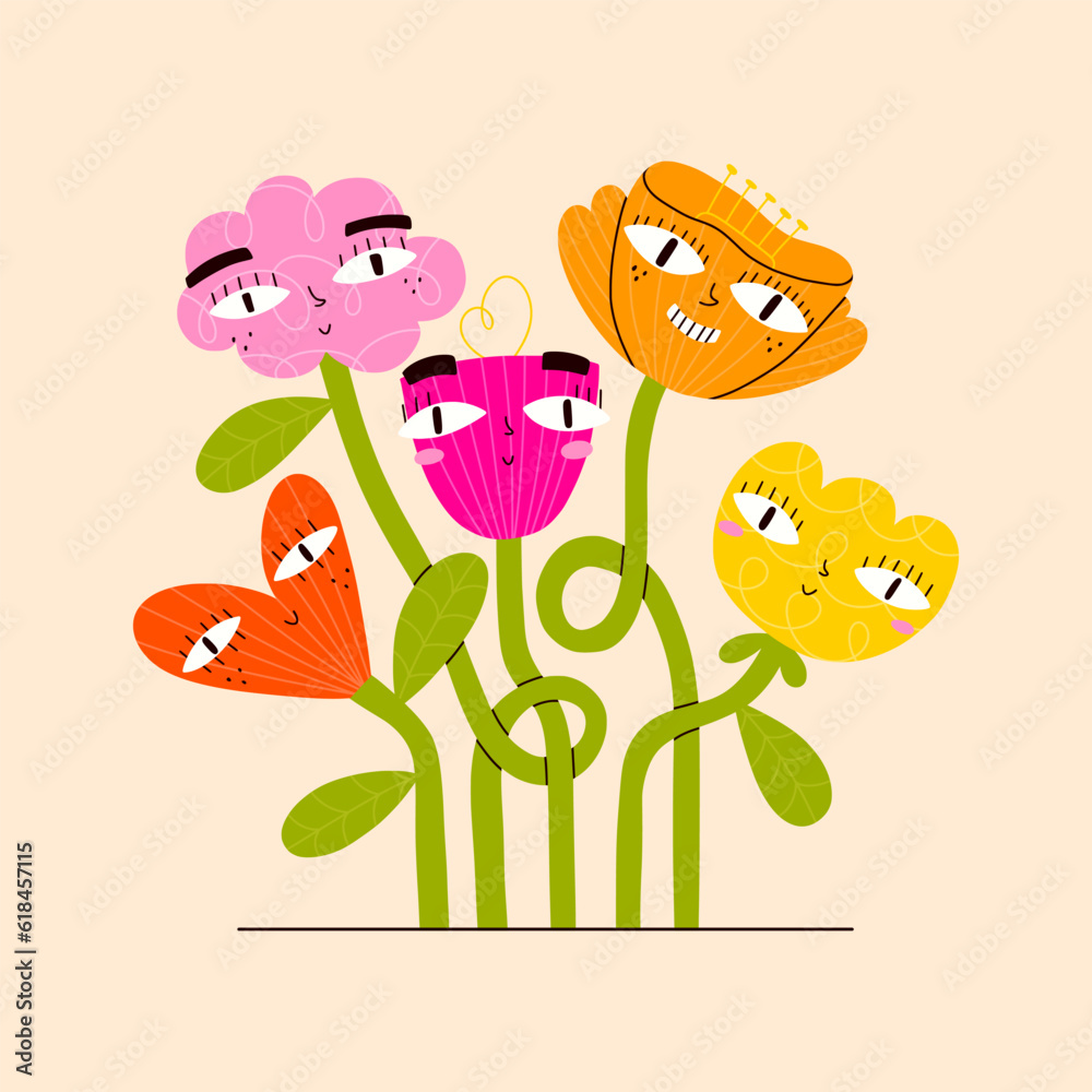 Freaky flowers set. Cute colorful floral characters with funny faces ...