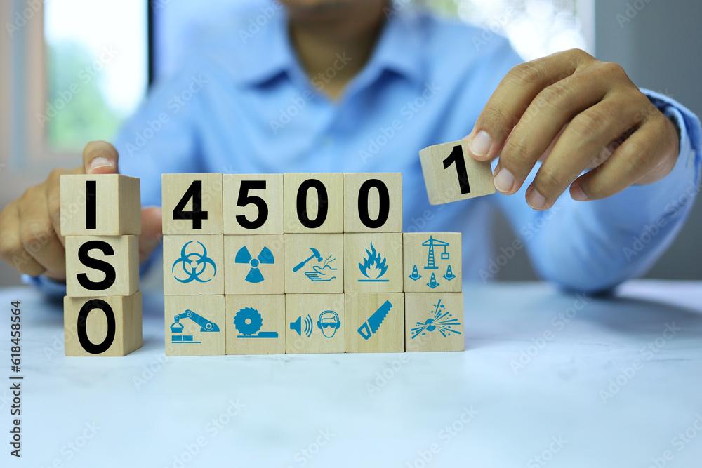 Poster Workplace safety arrange ISO 45001 safety standard on wooden ...