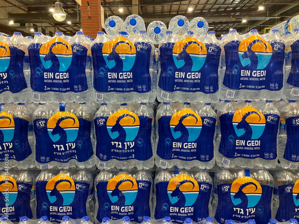 Mineral water in the store. Two-liter bottles, packages with drinking ...