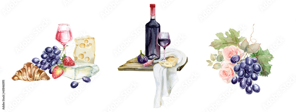 Watercolor wine set with grape and corkscrew, cheese for tasting ...