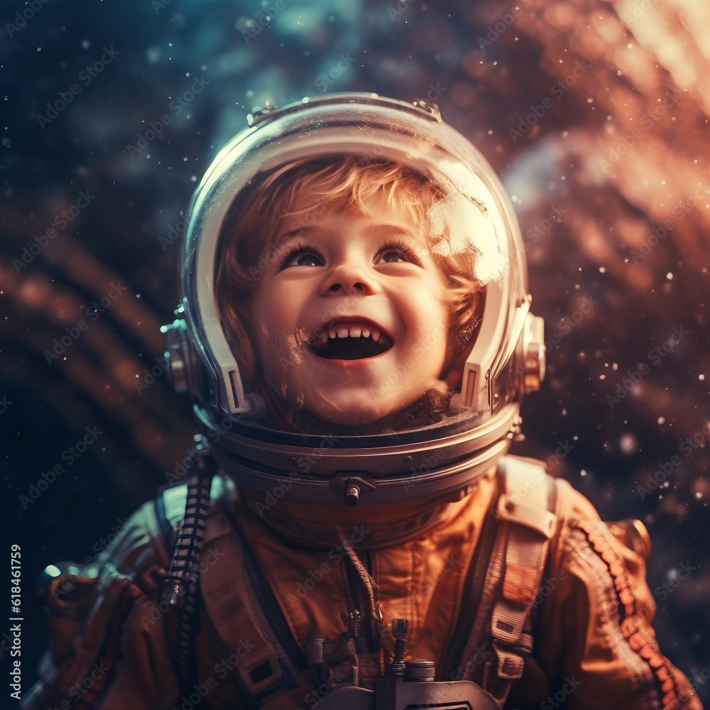 Happy Little boy in spacesuit against space background. Portrait of a ...