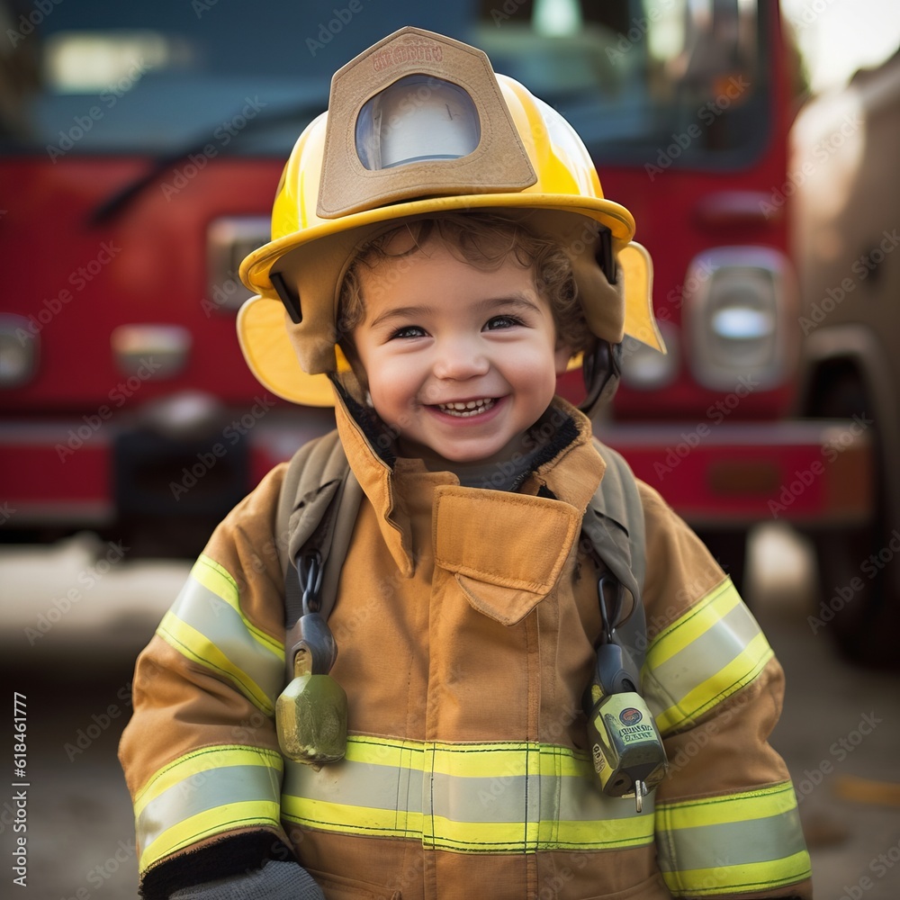 Portrait of a smiling boy in a yellow firefighter uniform standing near ...