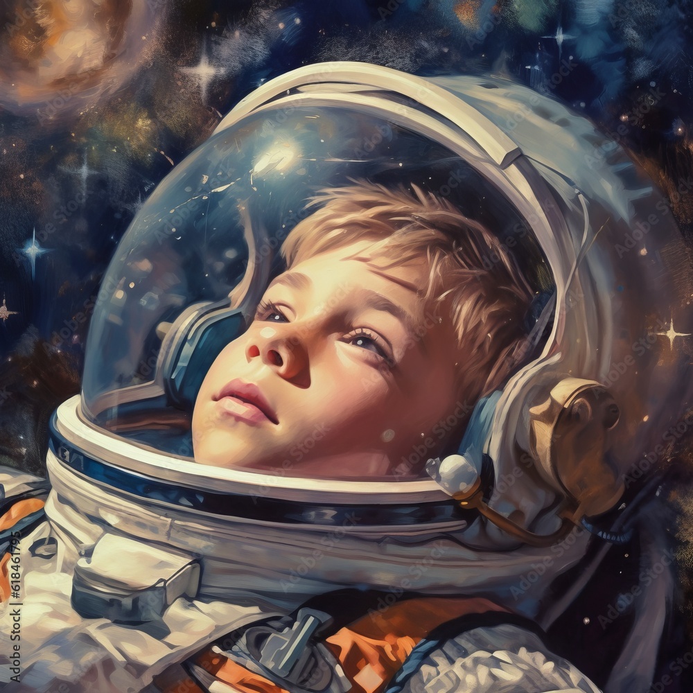 Portrait of a boy cosmonaut in outer space. Digital painting. Portrait ...