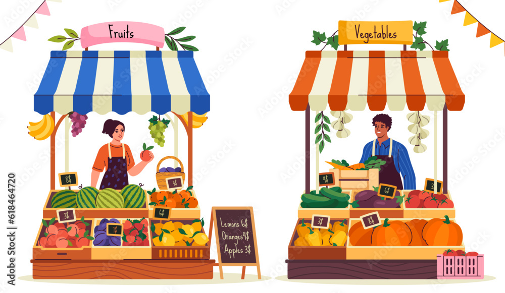 Farmer market set. Characters sell ripe organic fruits, berries and ...