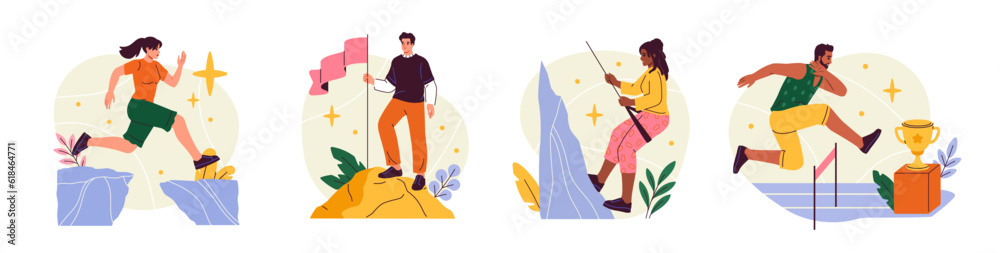 Vetor de People overcome obstacles. Purposeful characters set goals ...