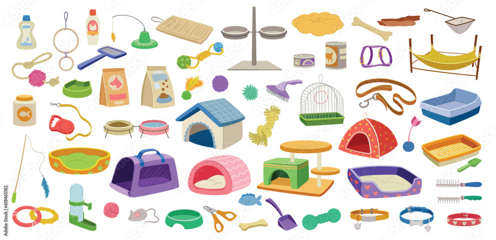 Pet supplies set. Veterinary shop elements food and bowls, toys, cages ...
