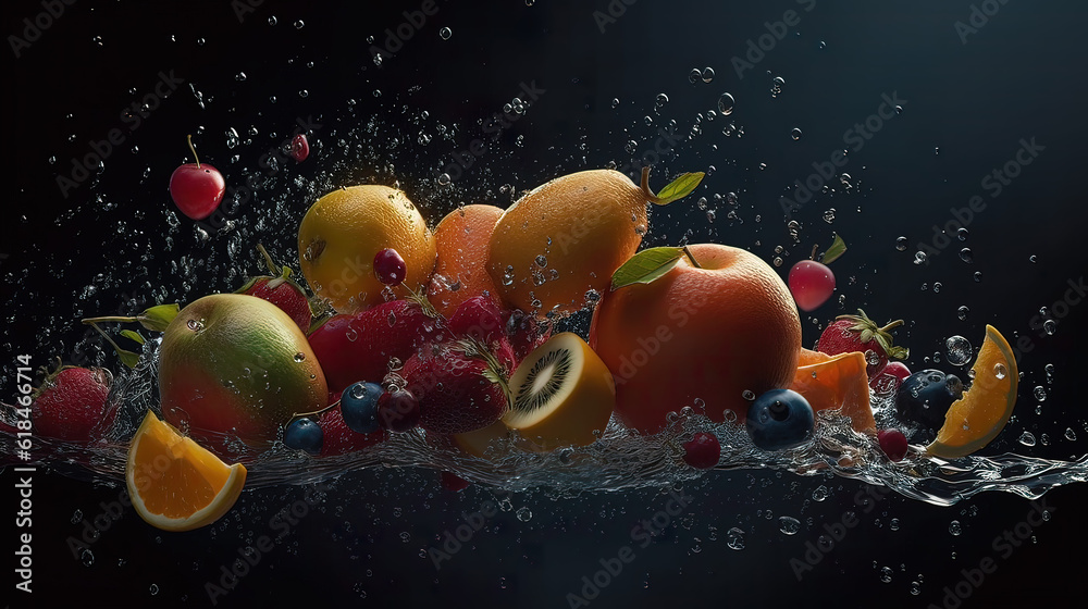 delicious fruit splashes in water and flying in a new dimension, juice ...