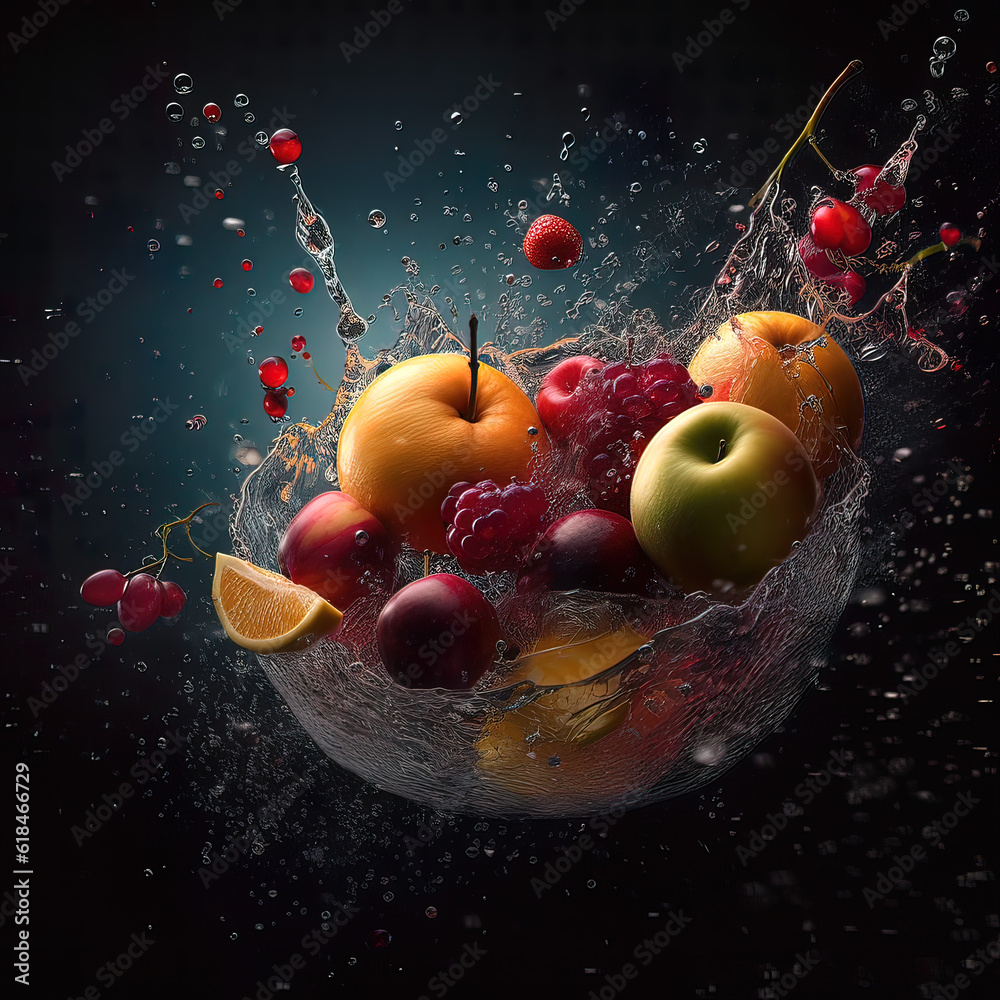 delicious fruit splashes in water and flying in a new dimension, juice ...