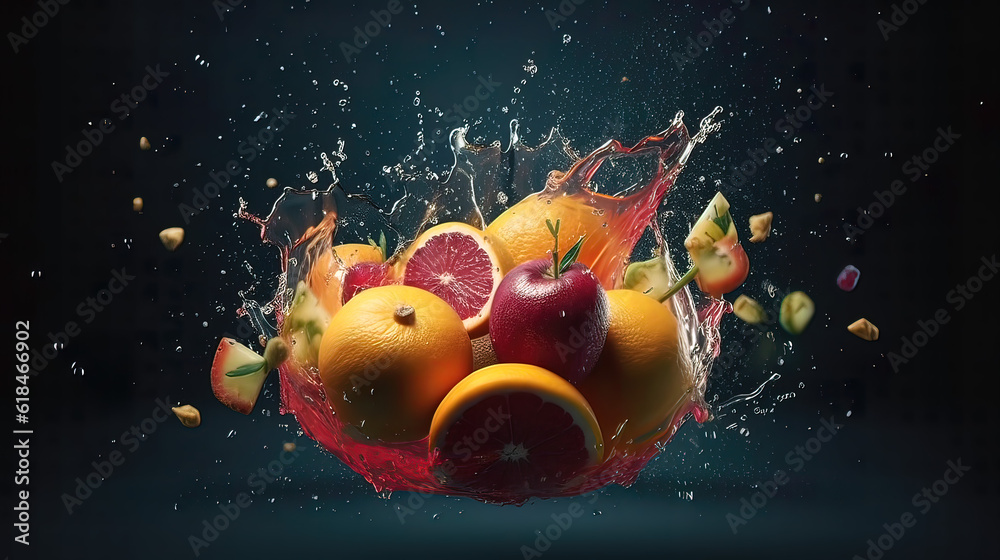 delicious fruit splashes in water and flying in a new dimension, juice ...