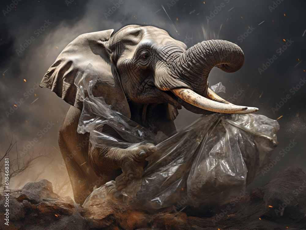 éléphant luttant contre la pollution des déchets plastiques Stock ...