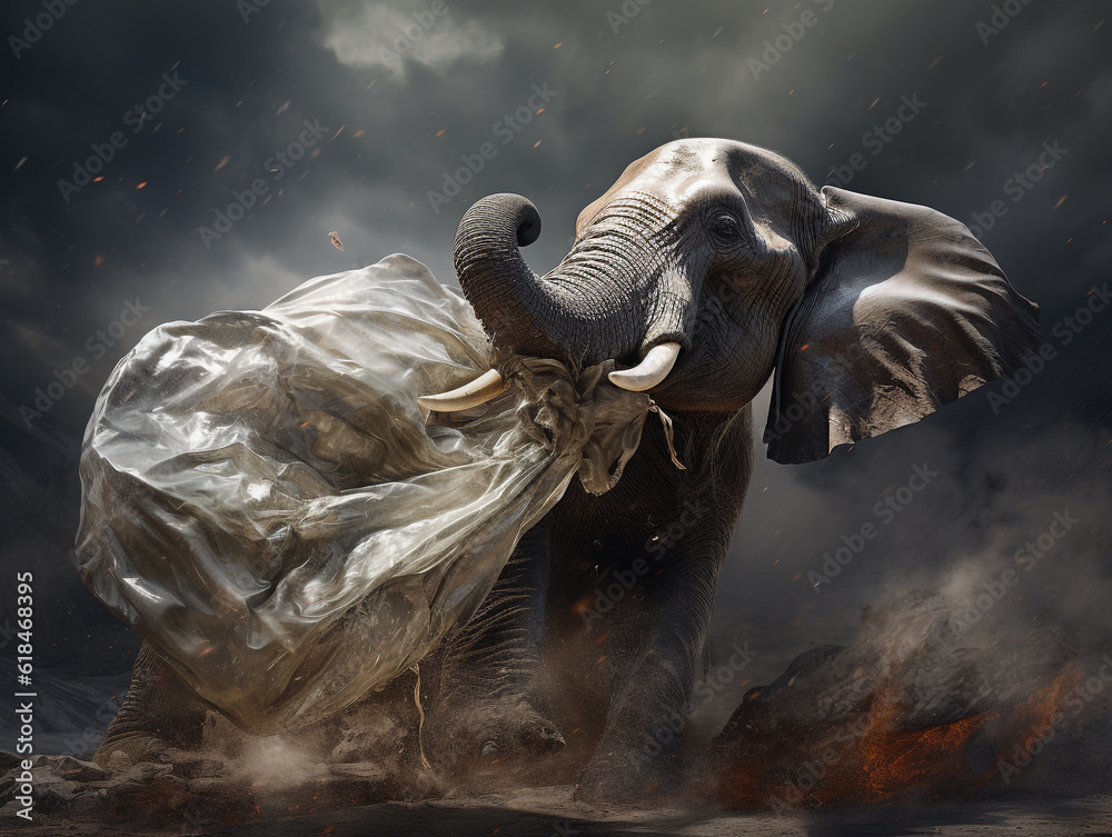 éléphant luttant contre la pollution des déchets plastiques Stock ...