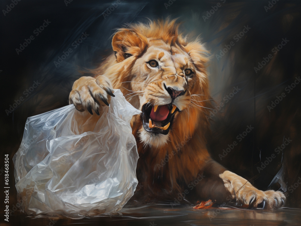 Lion luttant contre la pollution des déchets plastiques Stock ...