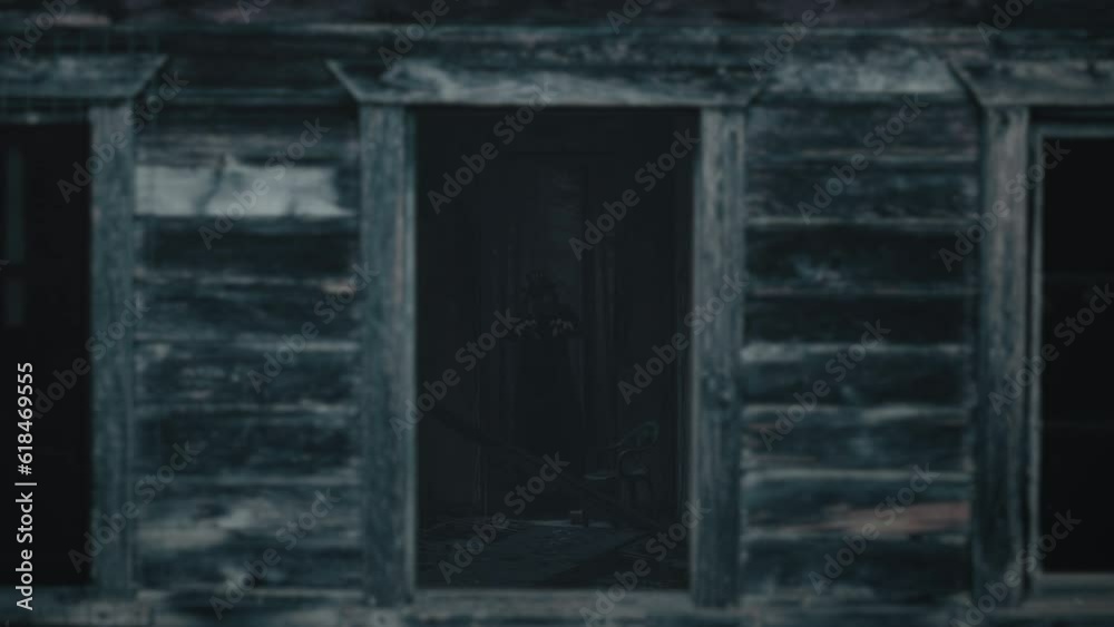 Creepy Ghostly Figure Haunted House Zoom In Eerie Scene. Ghostly vulture figure lurking inside a ...