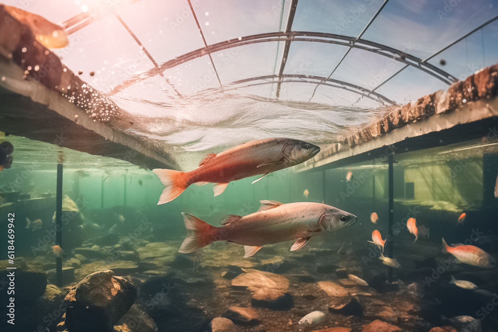 Trout in the pool at the fish farm, illustration. Generative AI. Fish ...