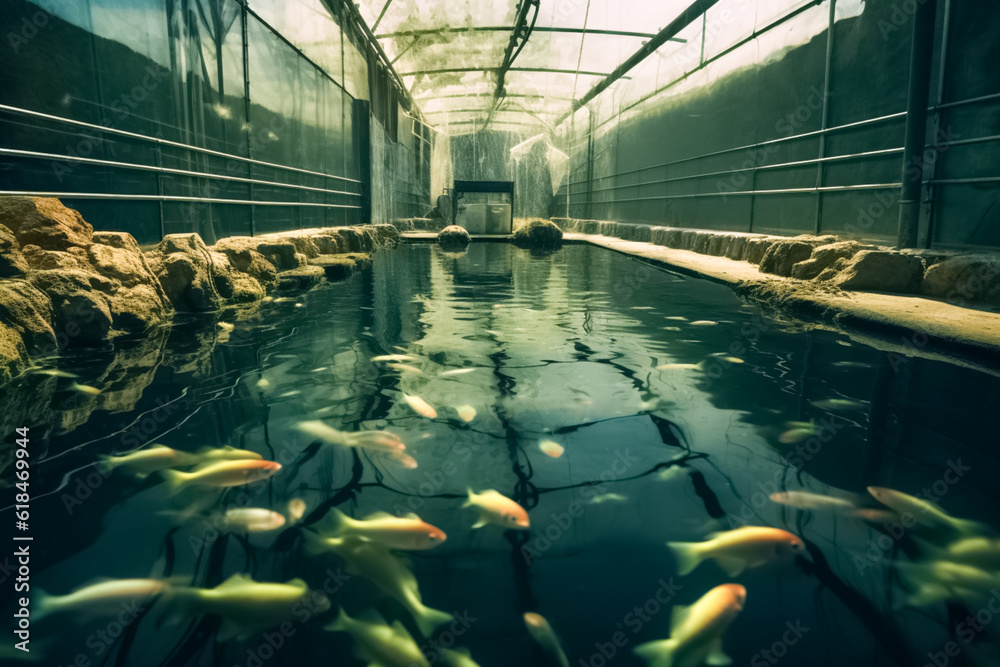 Trout in the pool at the fish farm, illustration. Generative AI. Fish ...