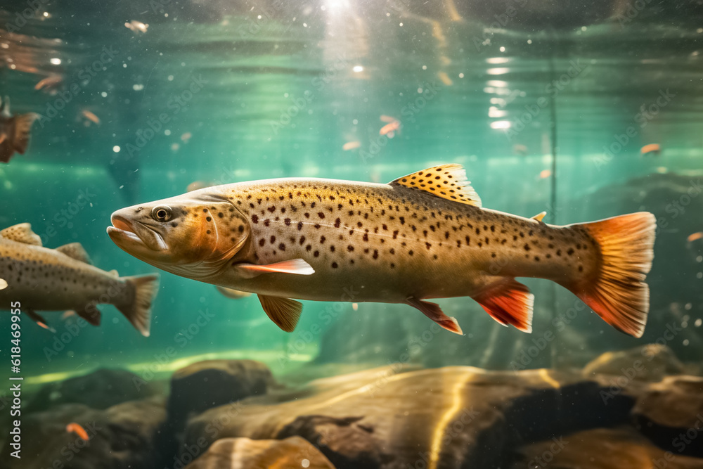 Trout in the pool at the fish farm, illustration. Generative AI. Fish ...