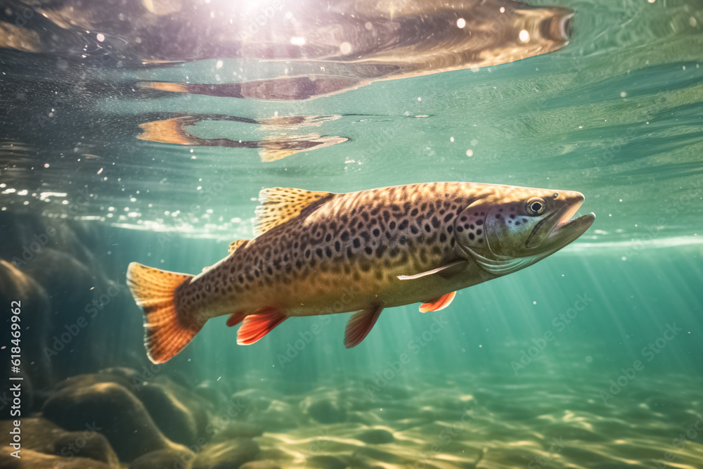 Trout in the pool at the fish farm, illustration. Generative AI. Fish ...