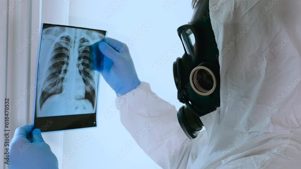 Radioactive damage to the lungs on X-ray in the laboratory. A worker in ...