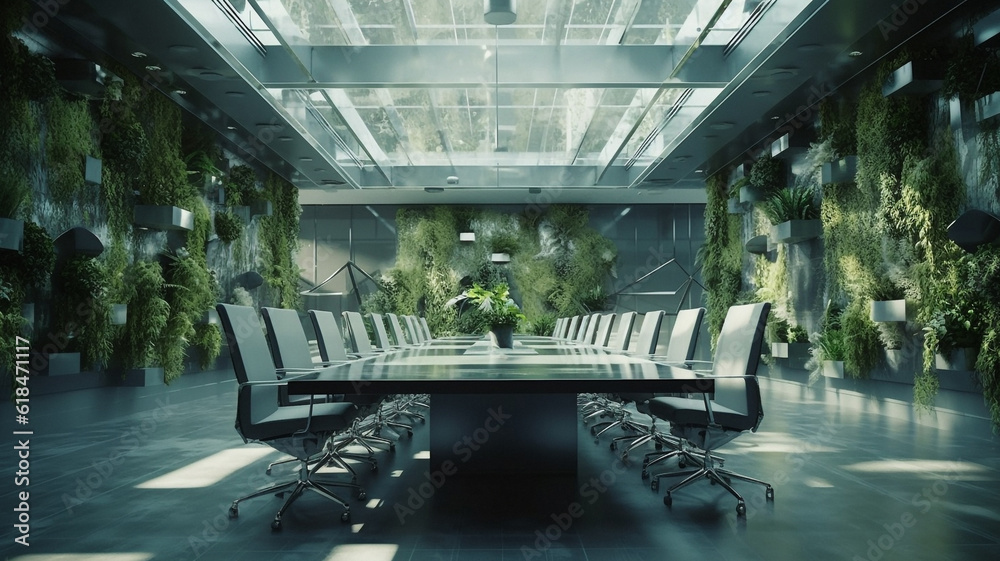 Architecture, sustainability and future with boardroom in office ...