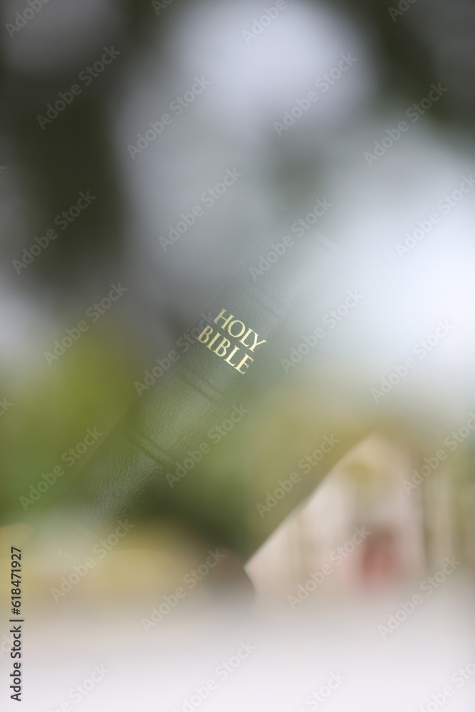 The Holy Word of God reflected in the church window, the Bible ...