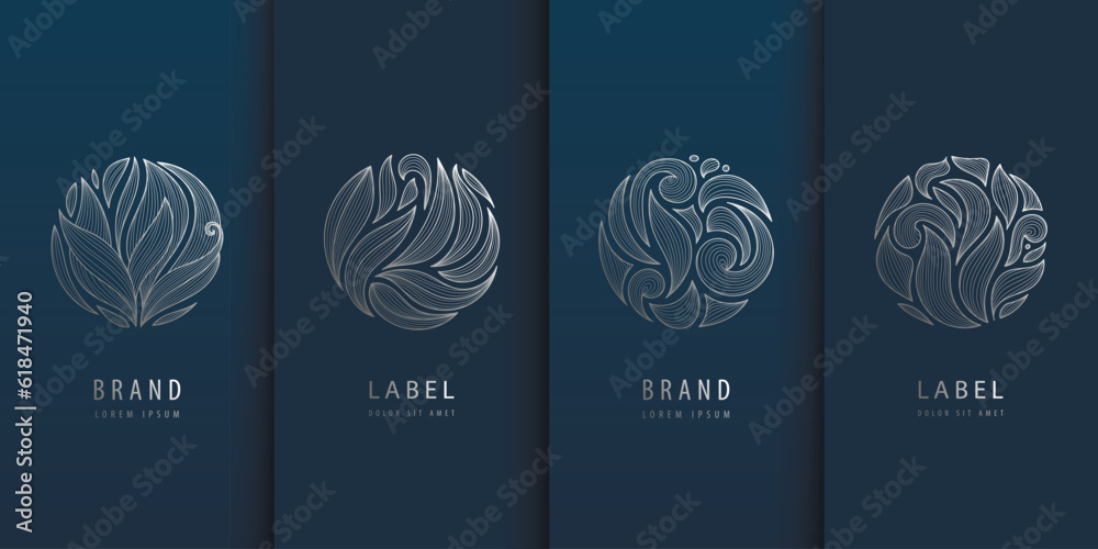 Vector set of wavy line logos, wine, jewelry, perfume, tea, yoga and ...