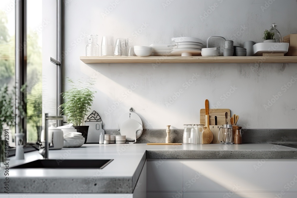In the background of a white kitchen with a sink and kitchenware, a ...