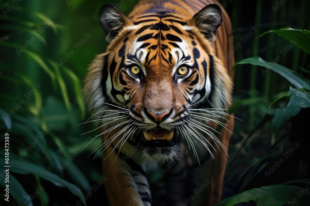 sumatran tiger in forest background stalking prey, beautiful asiatic ...