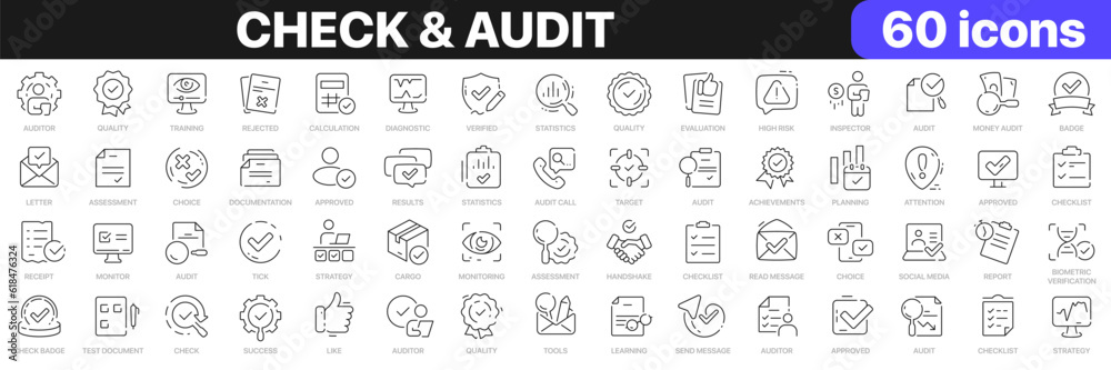 Check and audit line icons collection. Evaluation, quality, statistics ...