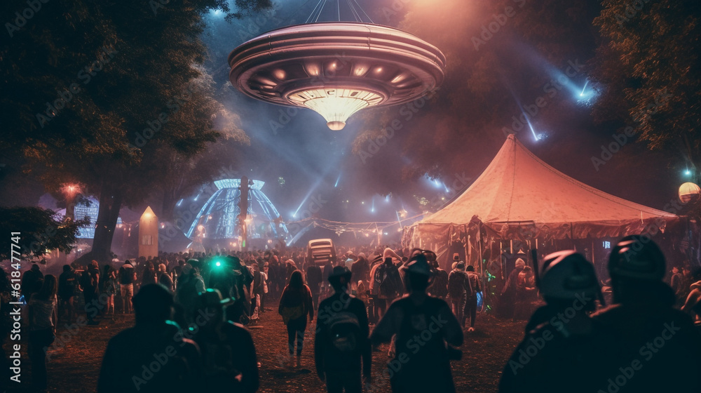 UFO-themed festival, with people dressed in alien costumes and themed ...