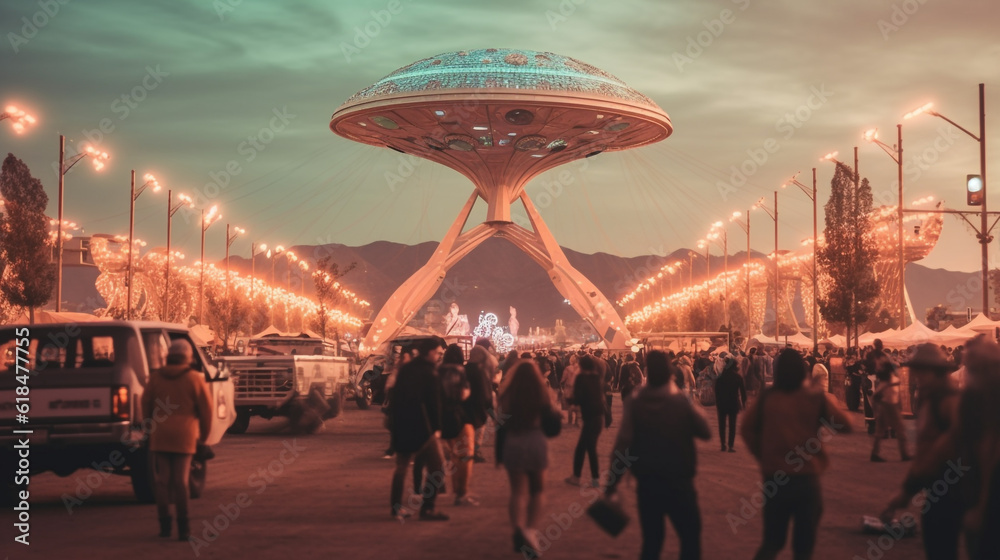 a vintage-inspired UFO - themed festival, with people dressed in alien ...
