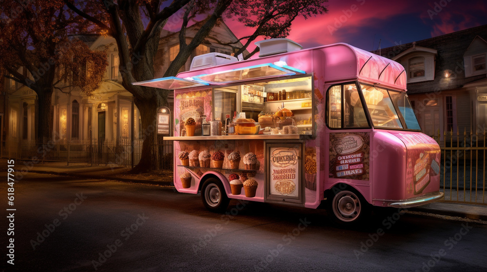 ice cream cart or truck featuring a menu board with a wide range of ...