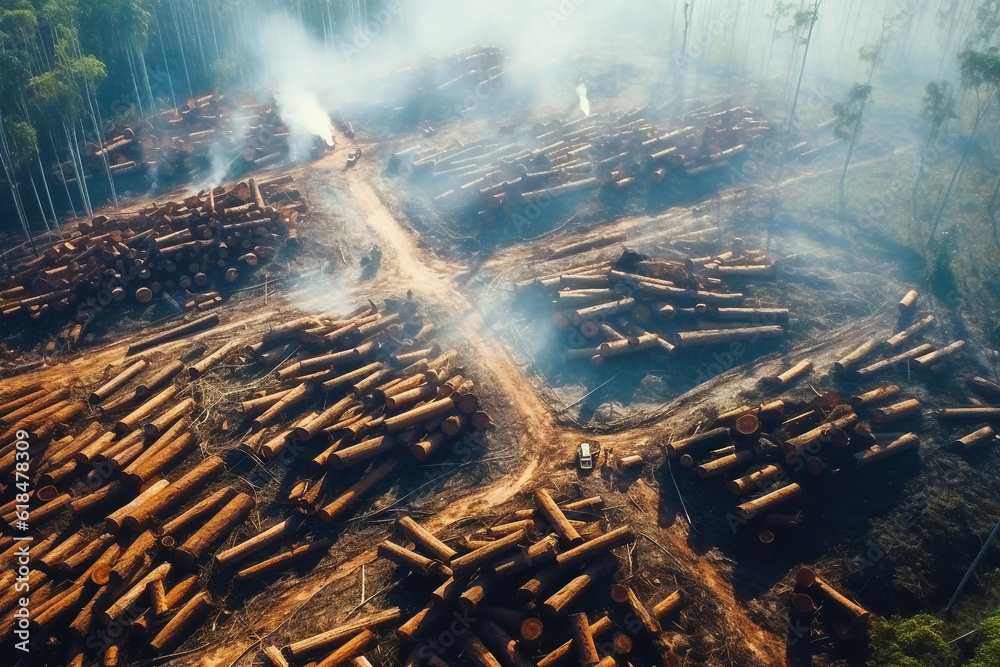 Deforestation, wood and timber with clearing in forest of nature for ...