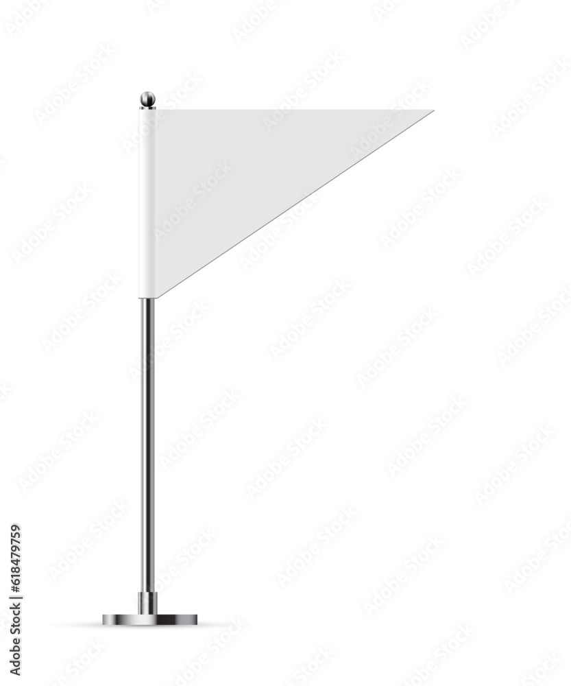 Desk or table triangle flag on chrome pole mock up. White paper or ...