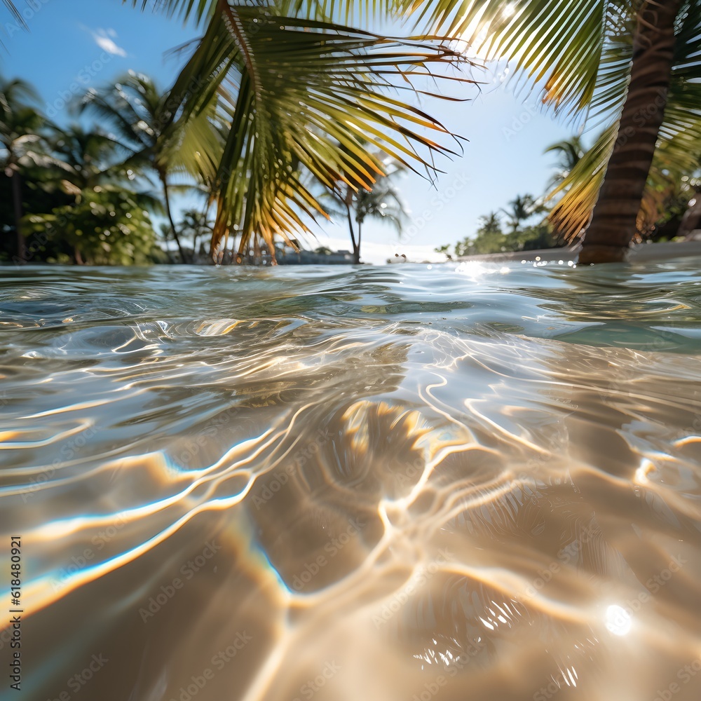 Abstract Beach Water Backdrop, Sunlight on Sea, Shadows from Palm ...