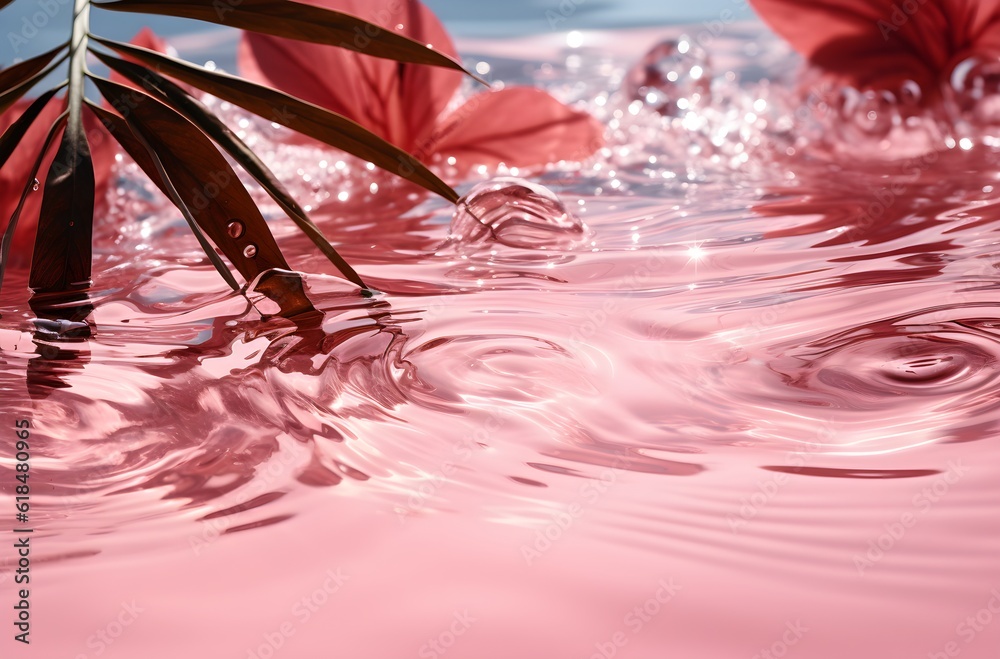 Gentle pinkish water, subtle motion, tropical leaf shadow, refined ...
