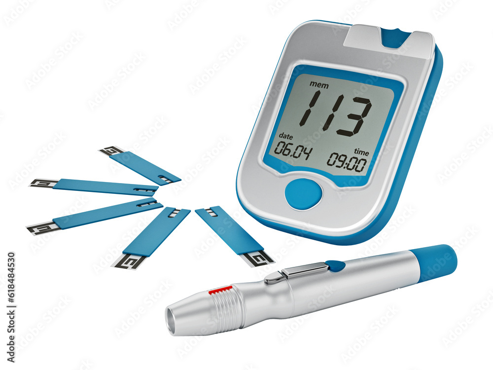 Blood glucose meter with strips isolated on transparent background. 3D ...