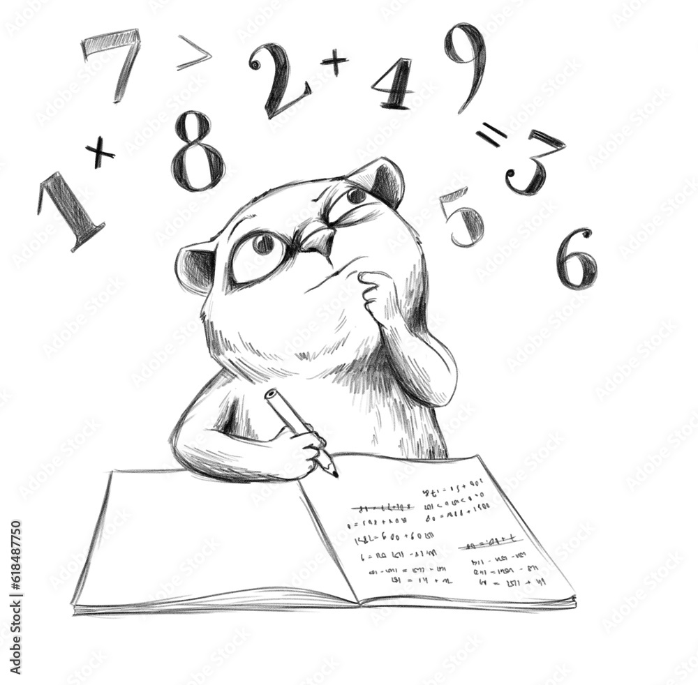 Cartoon Zeichnung eines kleinen Hamsters beim rechnen lernen als ...
