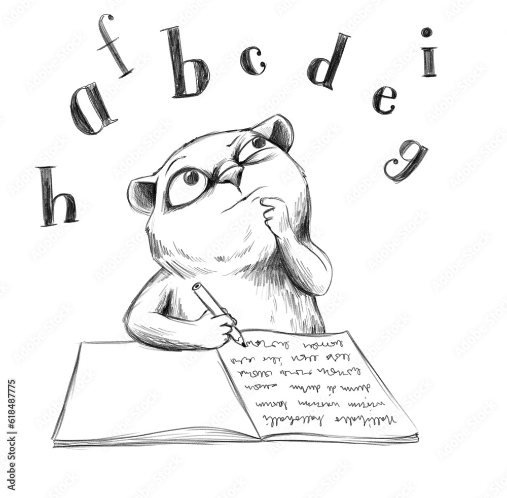 Cartoon Zeichnung eines kleinen Hamsters beim lesen und schreiben ...
